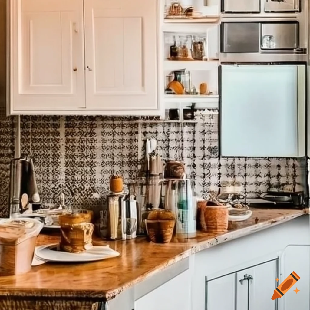 Table filled with food in an aesthetic kitchen setting with pastel ...