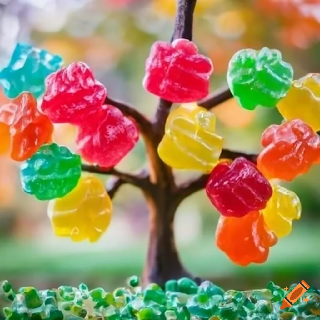 Whimsical tree sculpture made of colorful gummy candies on Craiyon