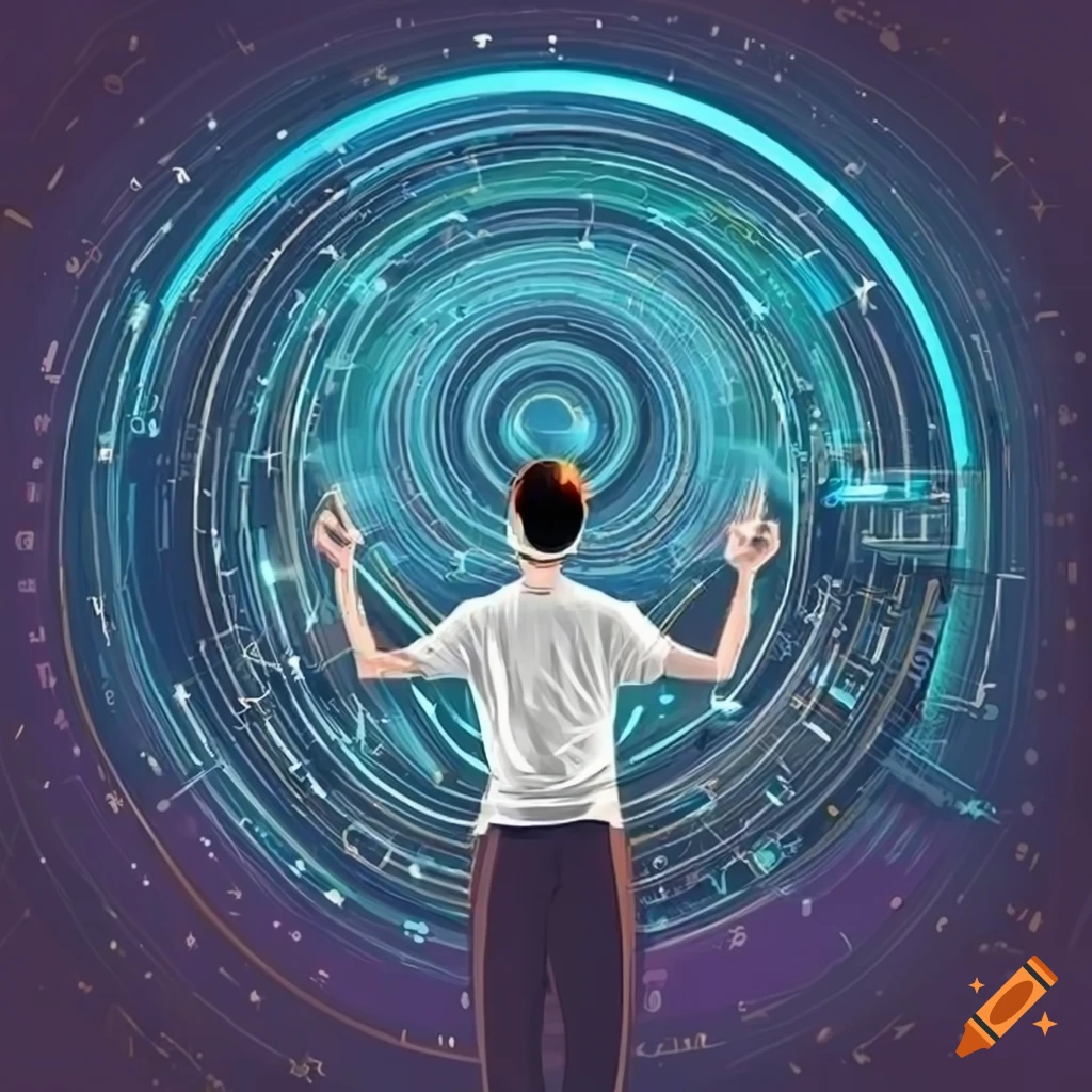 Comic-style illustration of a genius man with high-tech setup and ...