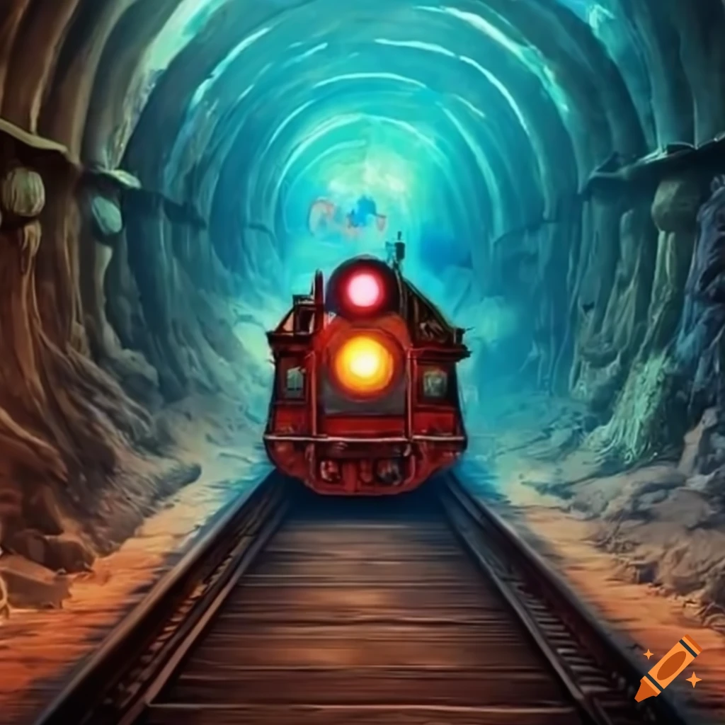 Fantasy train moving through a tunnel on Craiyon