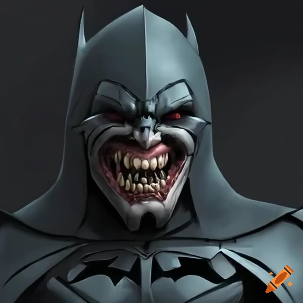Valak fused with batman in black knight armor laughing with a sword on Craiyon