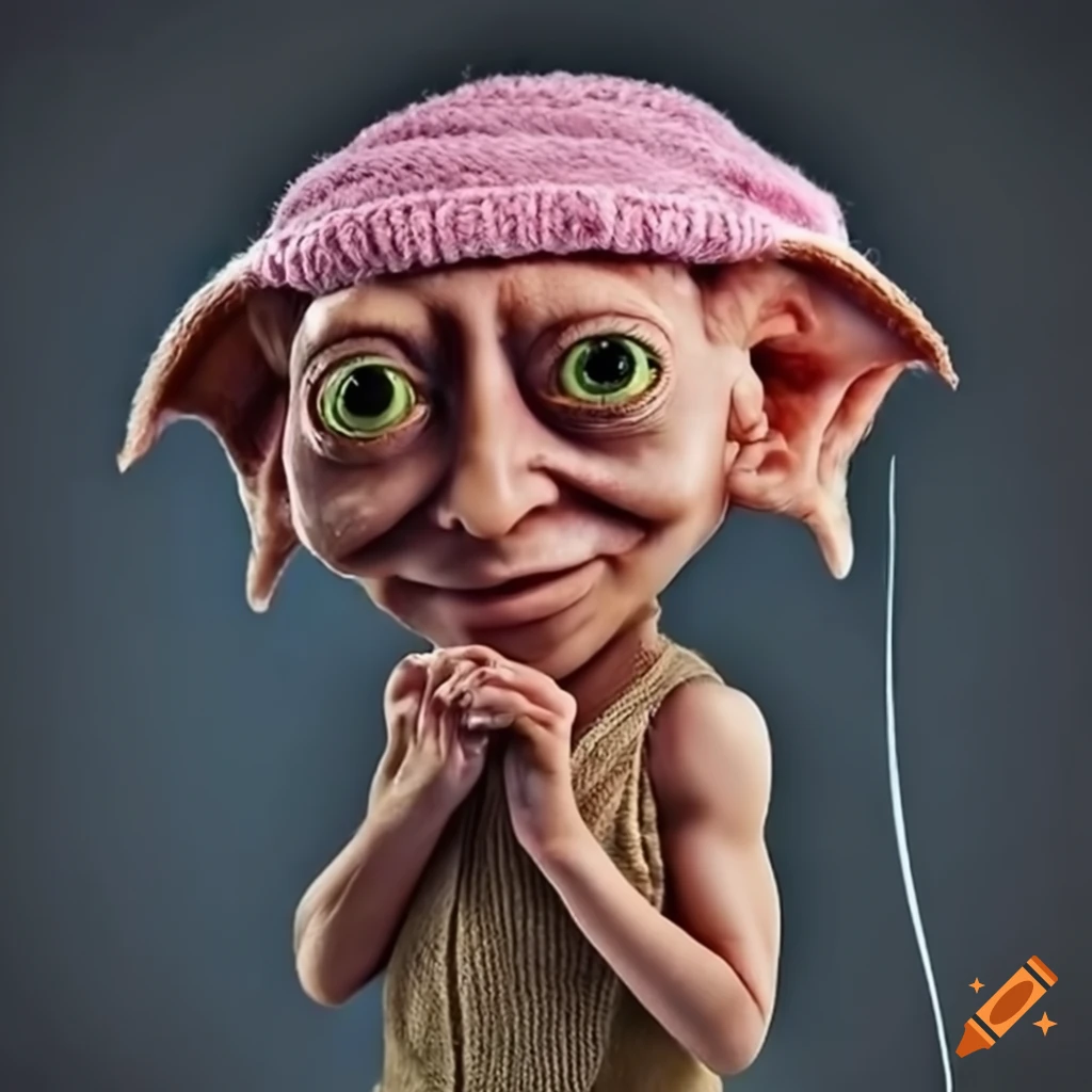Adorable baby dobby from harry potter wearing a pink wool hat on Craiyon