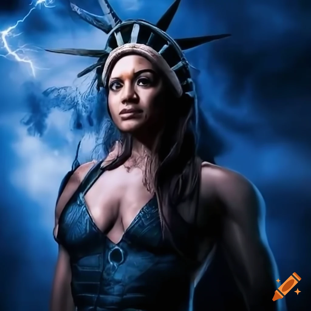 Kristen Welker as a muscular action hero in Lady Liberty costume during lightning storm on Craiyon