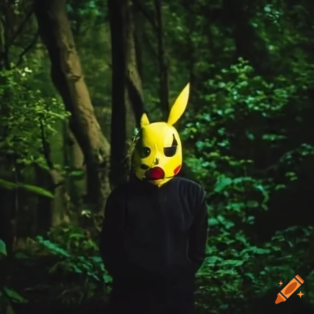 Man with pikachu mask in a dark forest at night captured in vhs style ...