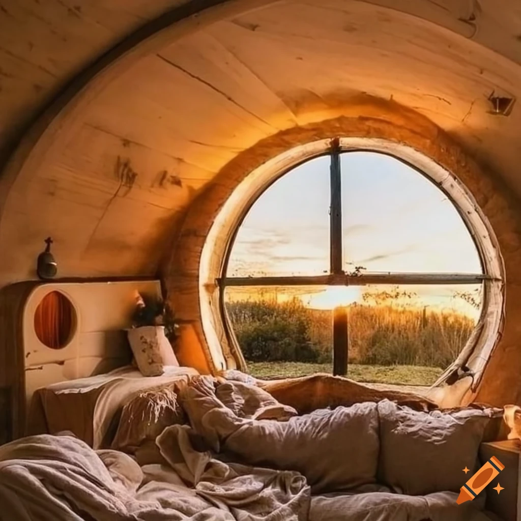 Cozy hobbit bedroom at sunrise with golden lighting on Craiyon