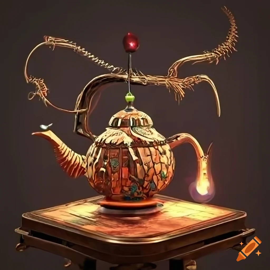 Chinese art deco tea pot with sparking electricity wires on a wood ...