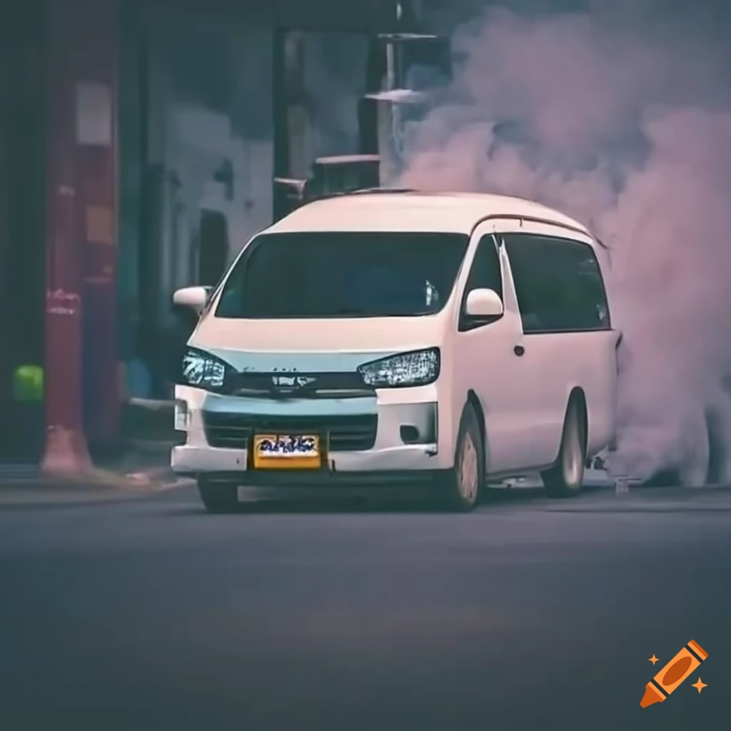 White minivan from thailand with engine failure and smoke on Craiyon