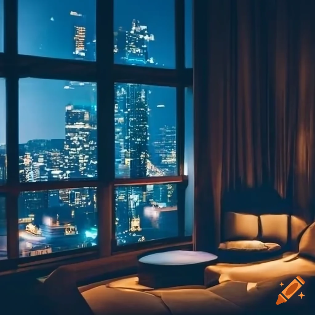 Lounge with night cityscape view from large window on Craiyon