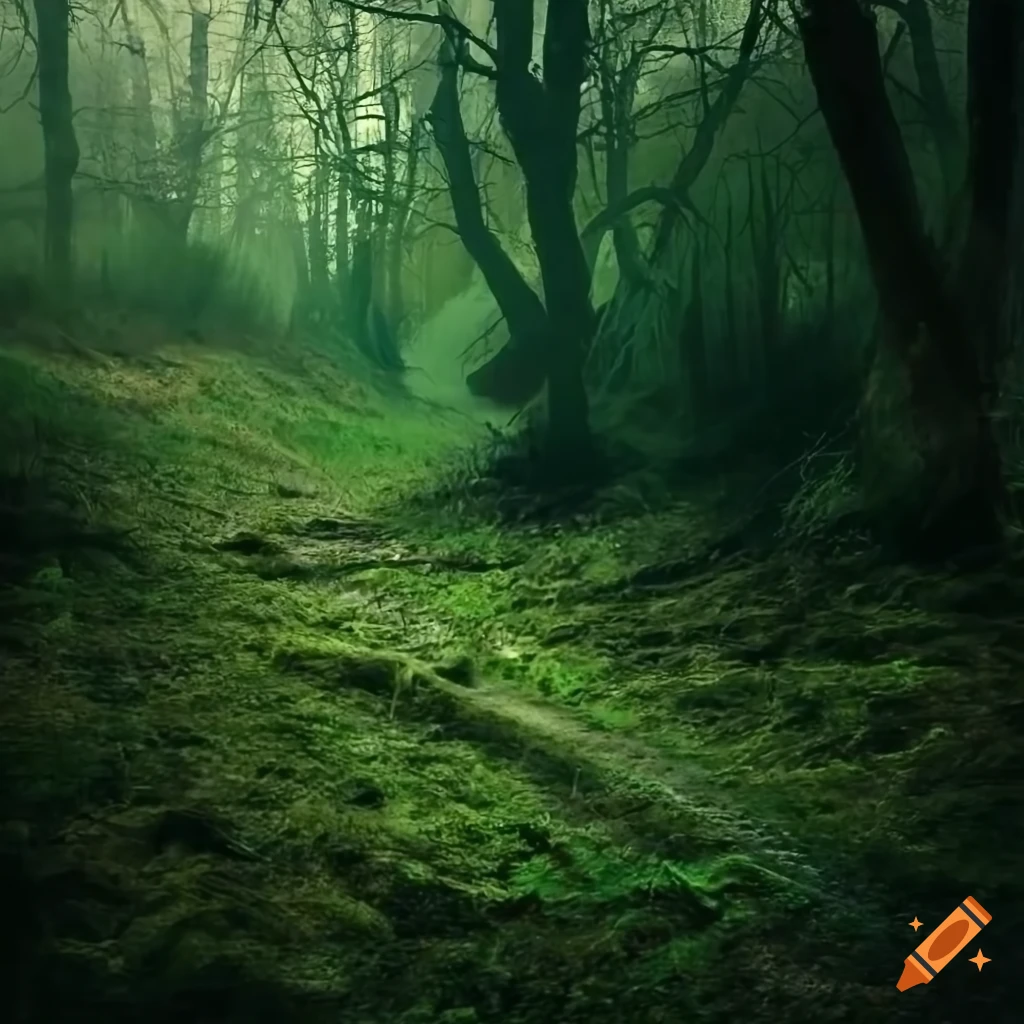 Neglected rocky ancient forest path obscured by shadows and overgrown ...