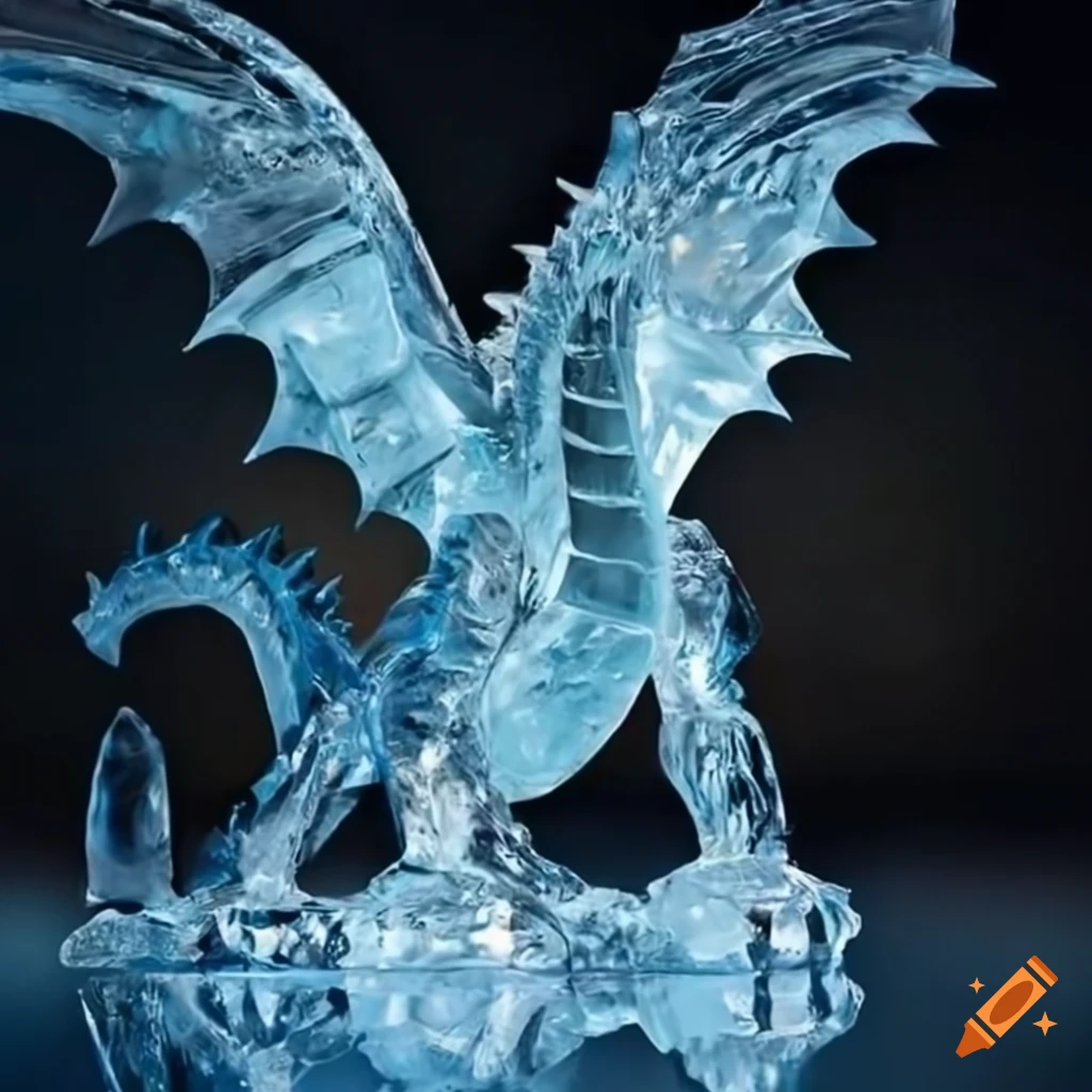 Crystal-clear ice sculpture of a mythical dragon with icy teeth and ...