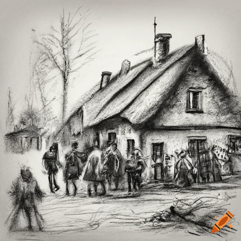 Peasants gathering in front of a cottage house in a Polish village ...