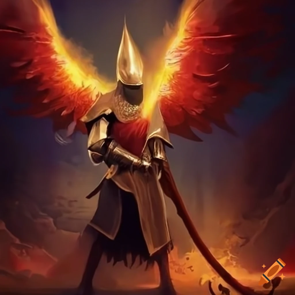 Knight resurrected by a phoenix feather on Craiyon