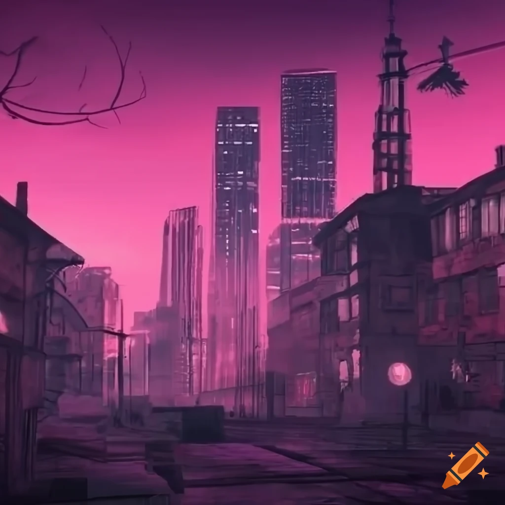Pink anime horror city in photorealistic style on Craiyon
