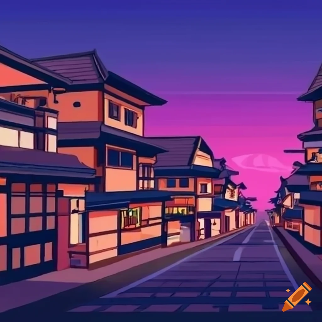 Japanese street with cartoon-style houses on Craiyon
