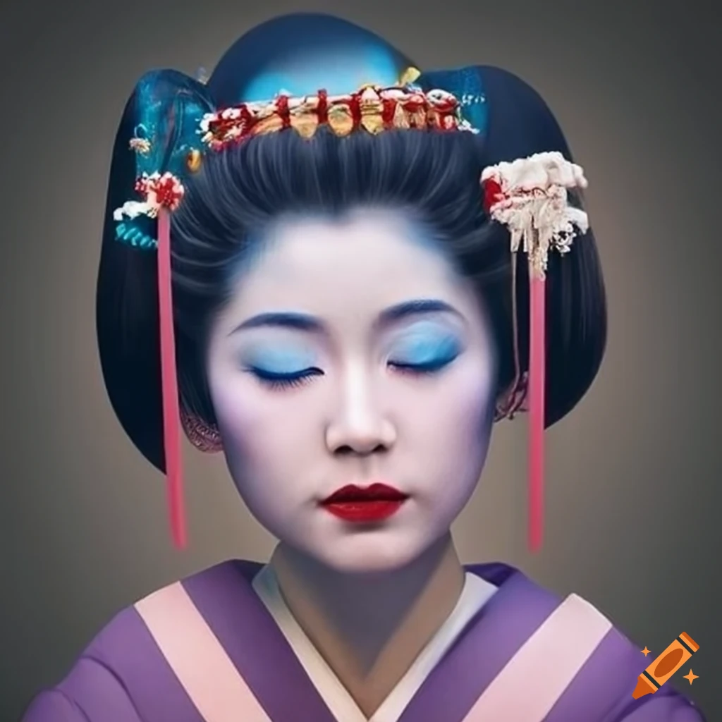 Geisha with blue eyes and closed eyes on Craiyon