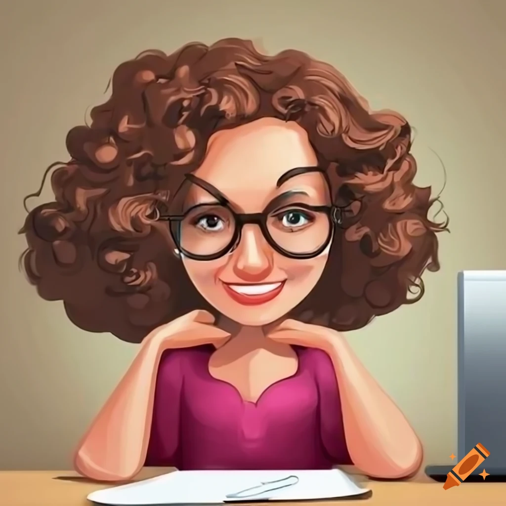 Female school director with brown curly hair and glasses smiling behind ...