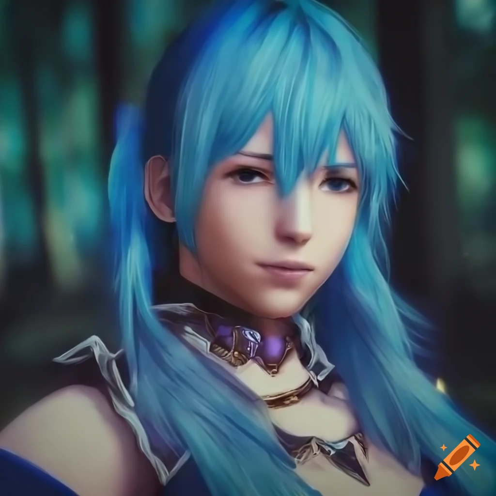 Final fantasy 14 heroine portrait with blue hair in a forest setting on ...