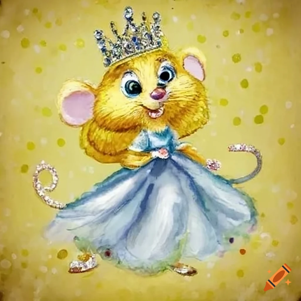 Storybook yellow mouse princess in a sparkling white dress and diamond ...