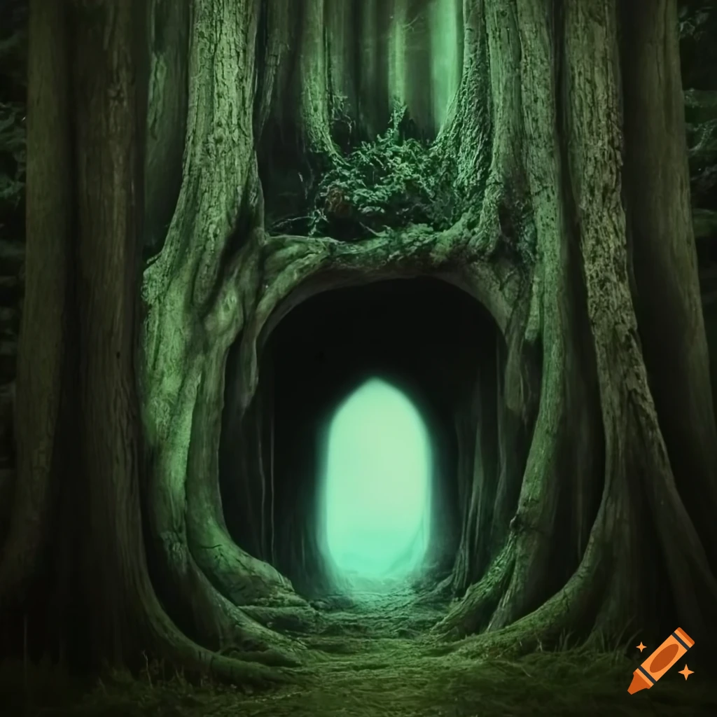 Portal inside a cypress tree in a dark forest setting on Craiyon