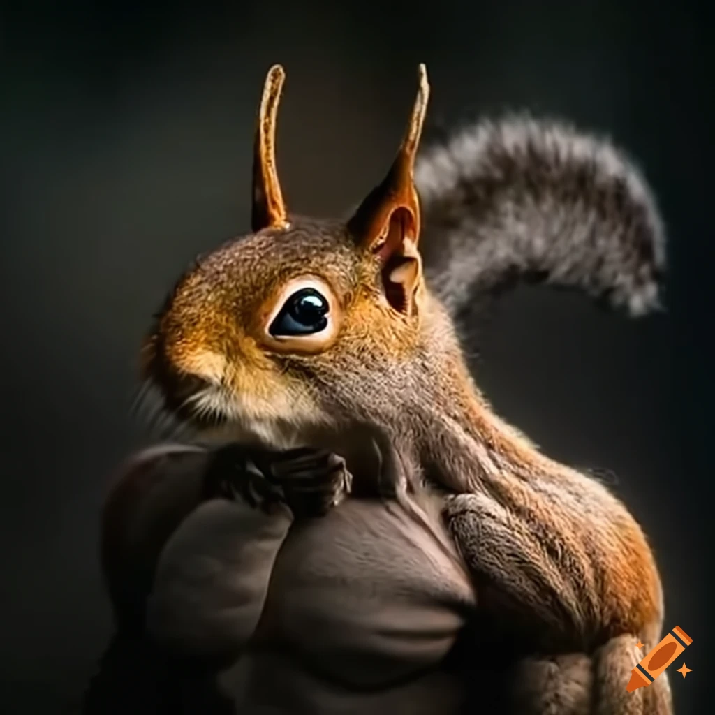 Muscular anthropomorphic squirrel throwing a car through a giant glass ...