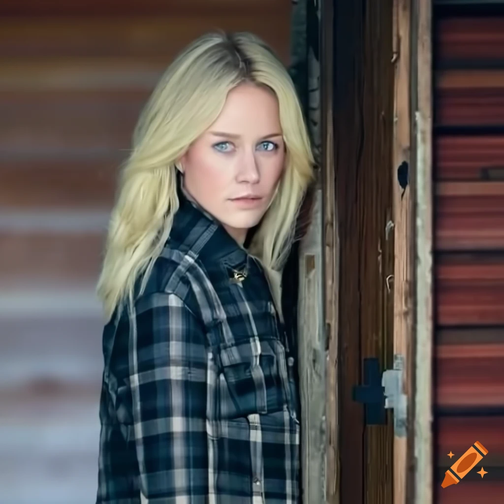 Blonde actress in country plaid shirt and black leather jacket on Craiyon