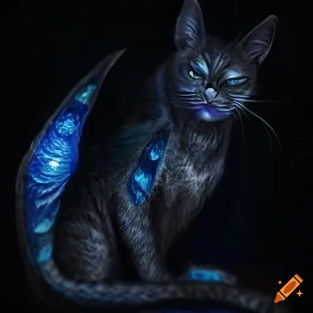 Mythical cat-like creature with sapphire blue scales and dark moth ...