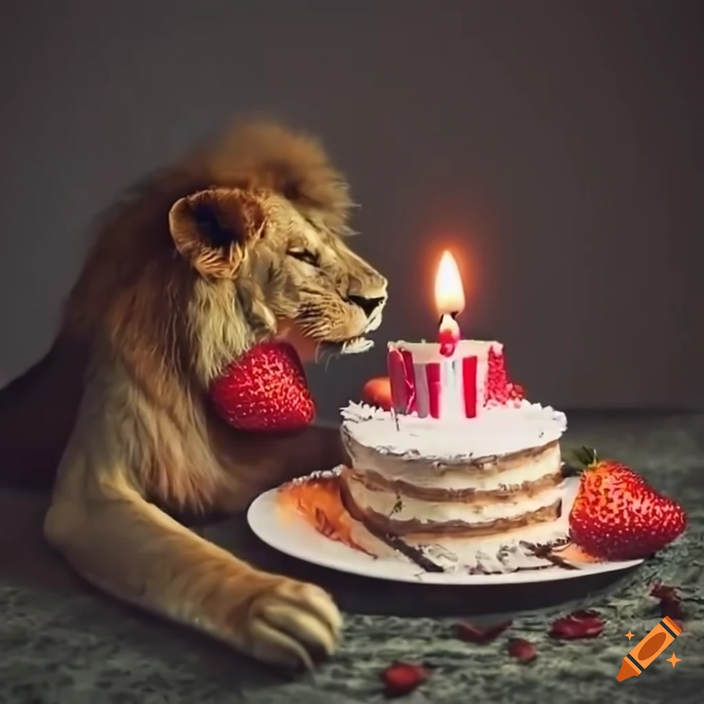 Lion celebrating birthday with cake, candles, and strawberries at night ...