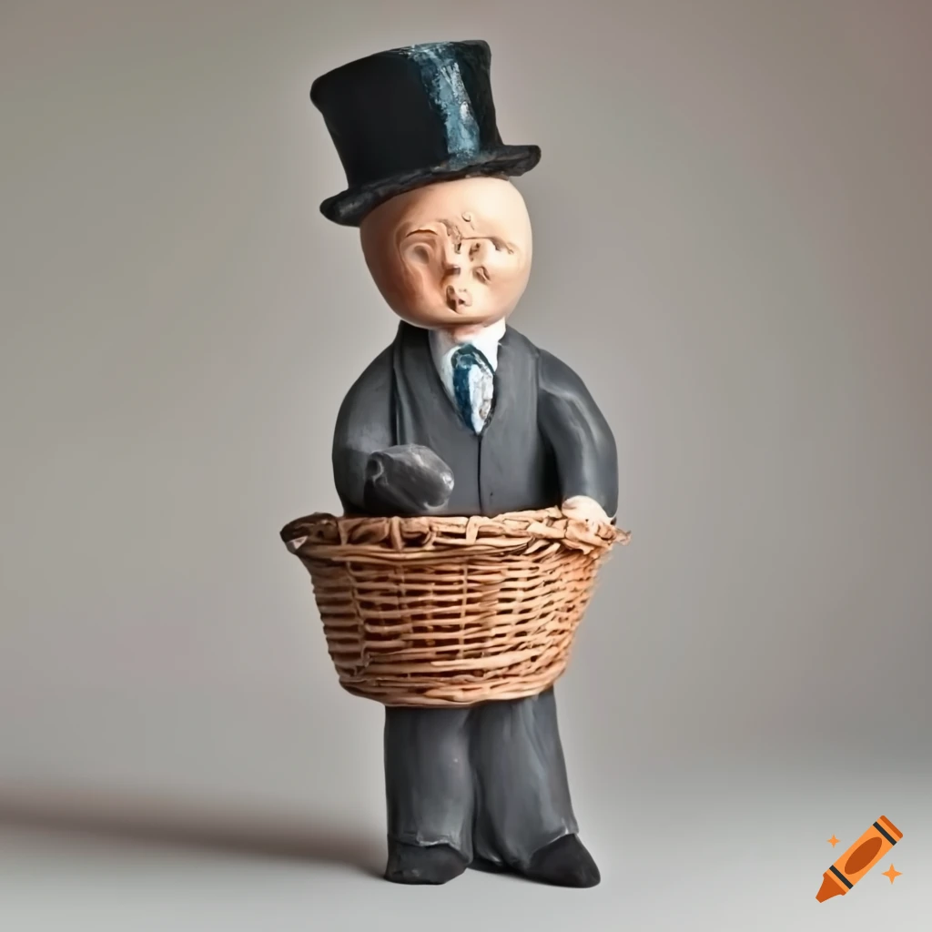 Clay figurine of a man in a suit with a laundry basket and top hat on ...