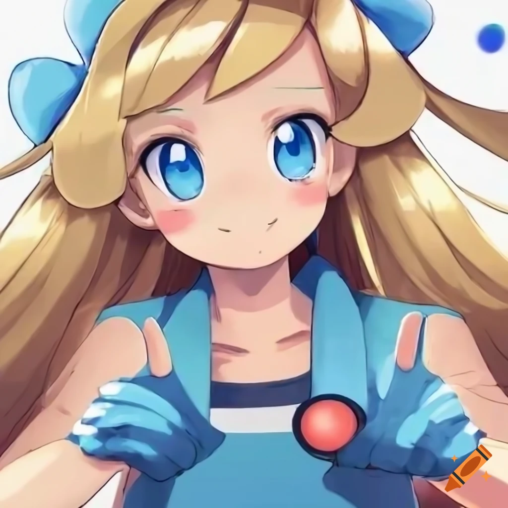 Pokemon girl with long blonde hair and blue eyes waving hi and smiling ...