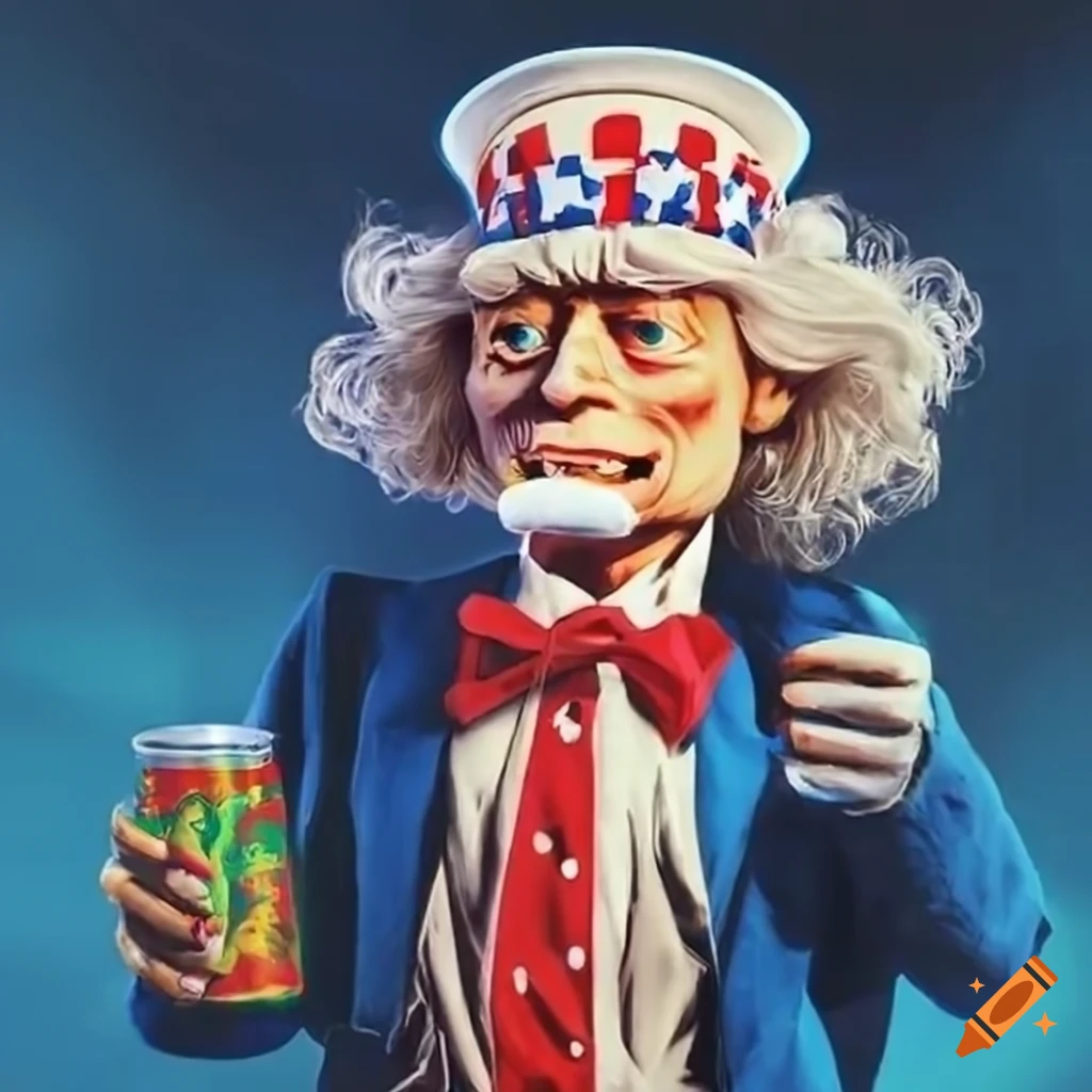 Nostalgic Uncle Sam poster holding a colorful energy drink can on Craiyon