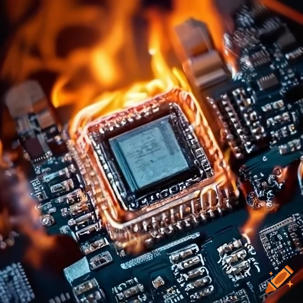Burning microcontroller circuit board in flames on Craiyon