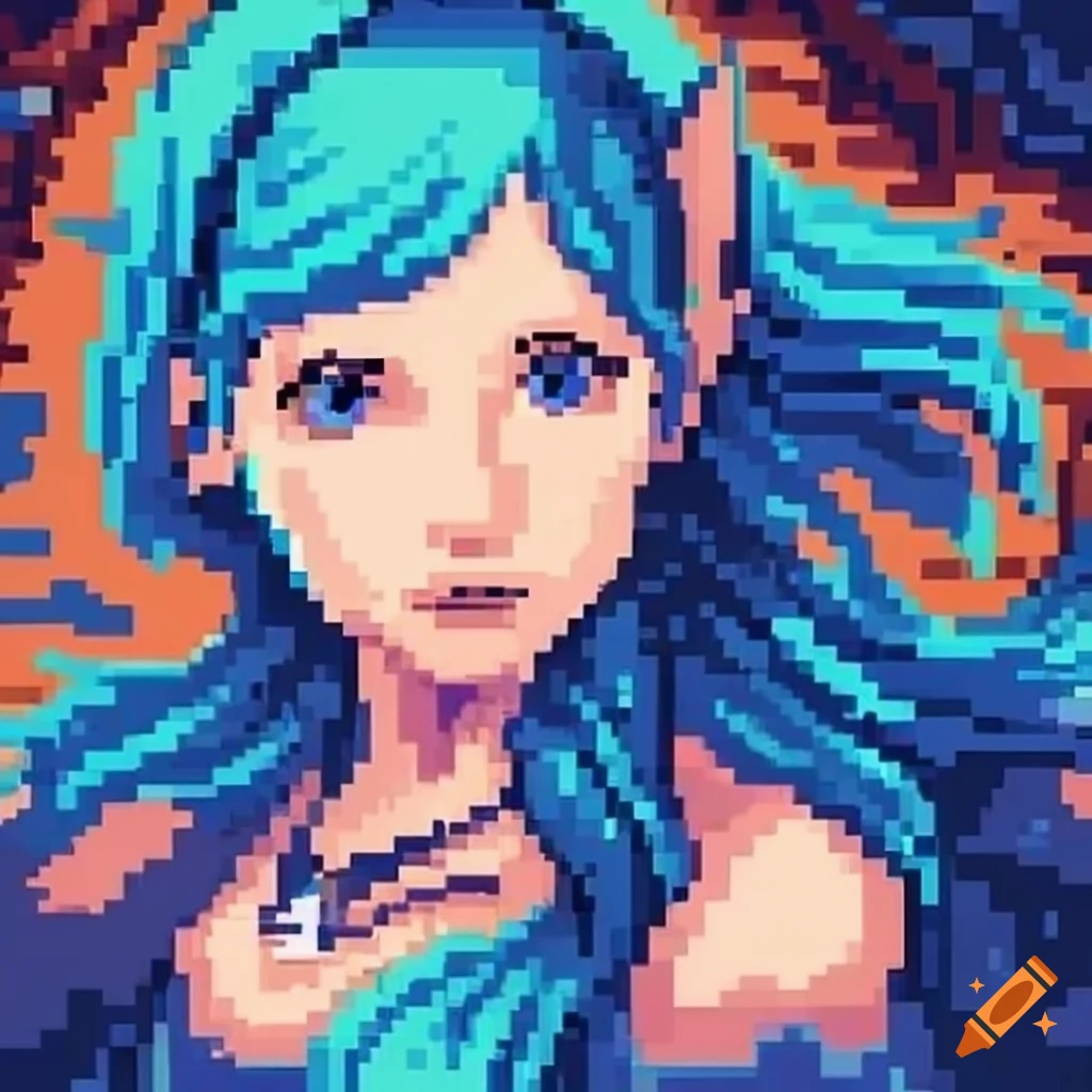 Pixel art jrpg heroine portrait of a 30-year-old demi-elf with blue ...