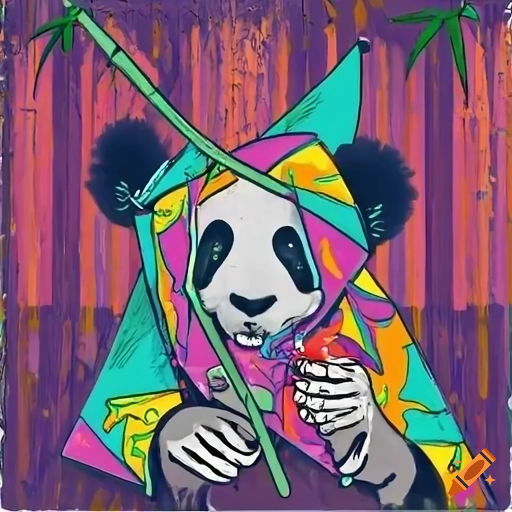 Psychedelic pandas with bamboo in rain coats at the circus in graffiti ...