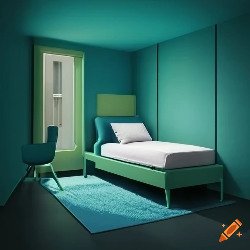 Minimalistic dorm room in pale green and blue hues with two beds and ...
