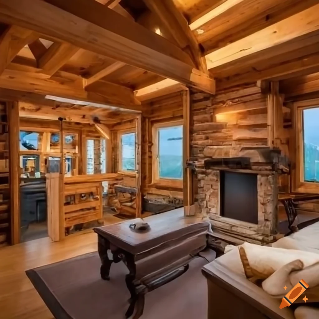 Interior common area of timber frame ski lodge with wood stove on Craiyon