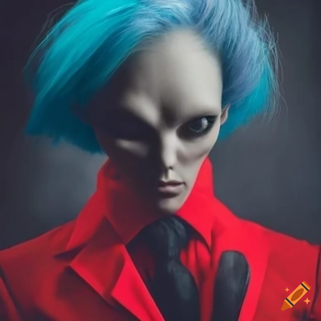 Alien with blue hair, 3 eyes, red suit, and two heads on Craiyon