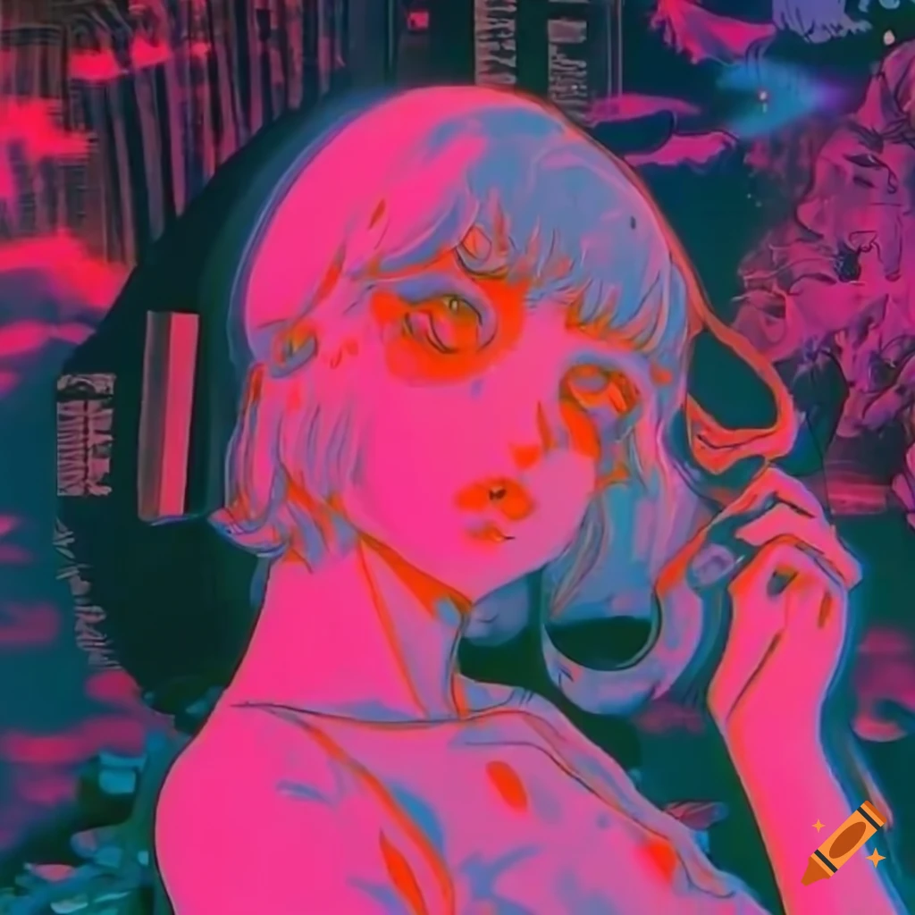 Retro anime aesthetic of psychedelic woman with VHS vibes on Craiyon
