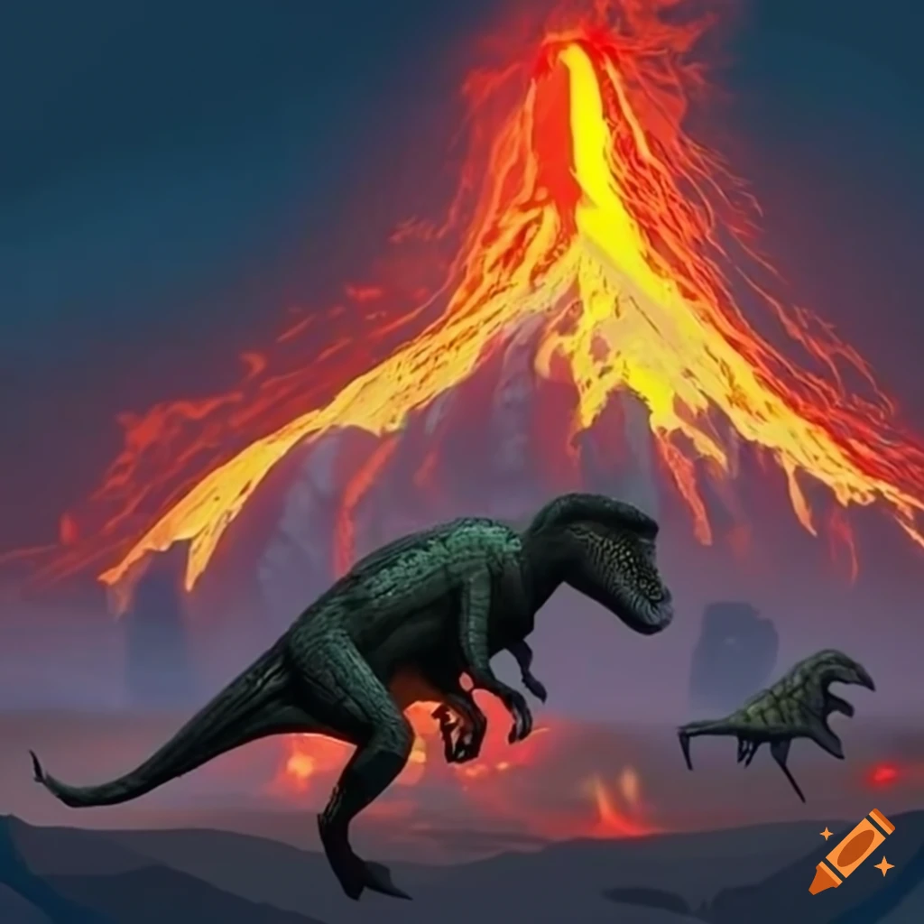 Volcanic eruption in the stone age with dinosaurs and cavemen on Craiyon