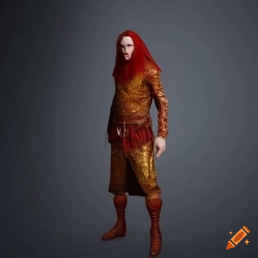 Pale-skinned red-haired elf man in red-golden attire on grey background ...