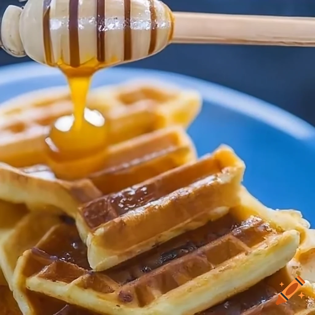 Plate of delicious stacked waffles with dripping honey under daylight ...