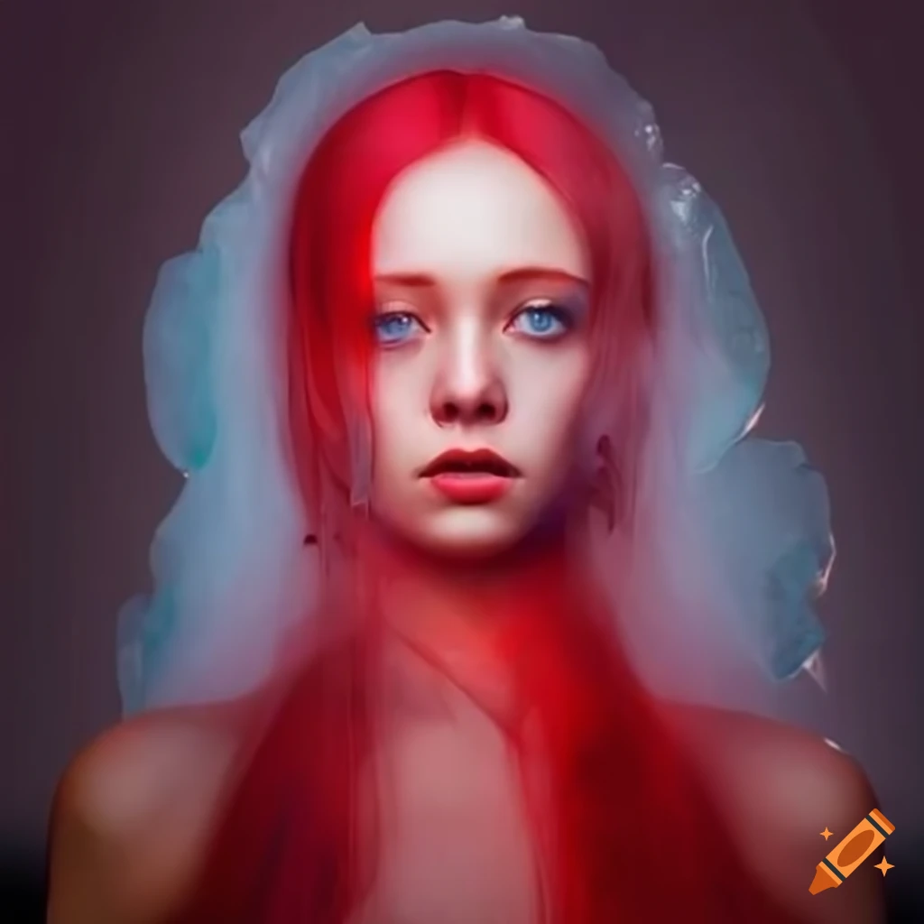 Intriguing female surrounded by ice and red colors on Craiyon