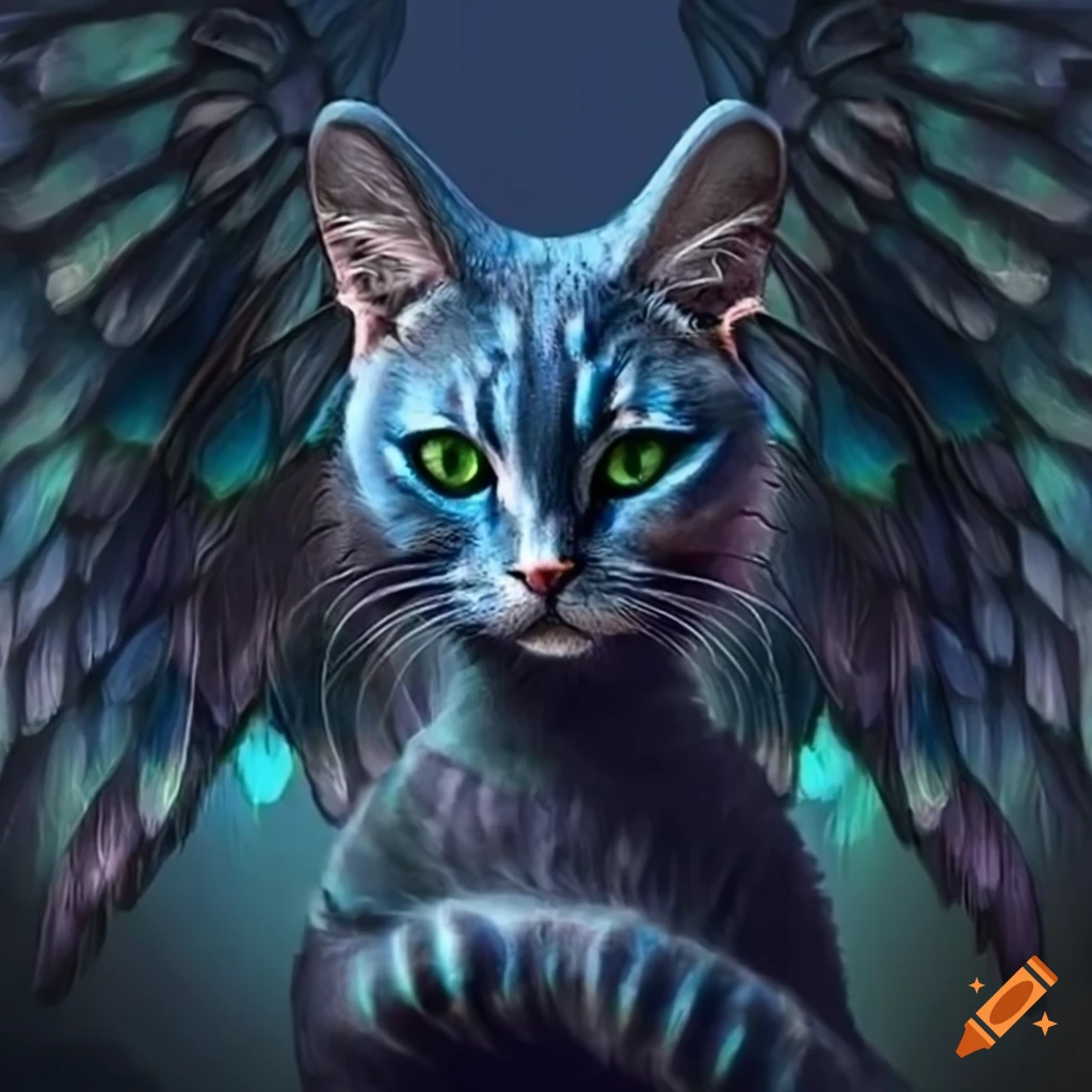 Mythical entity with azure scales and dark wings resembling a cat on ...
