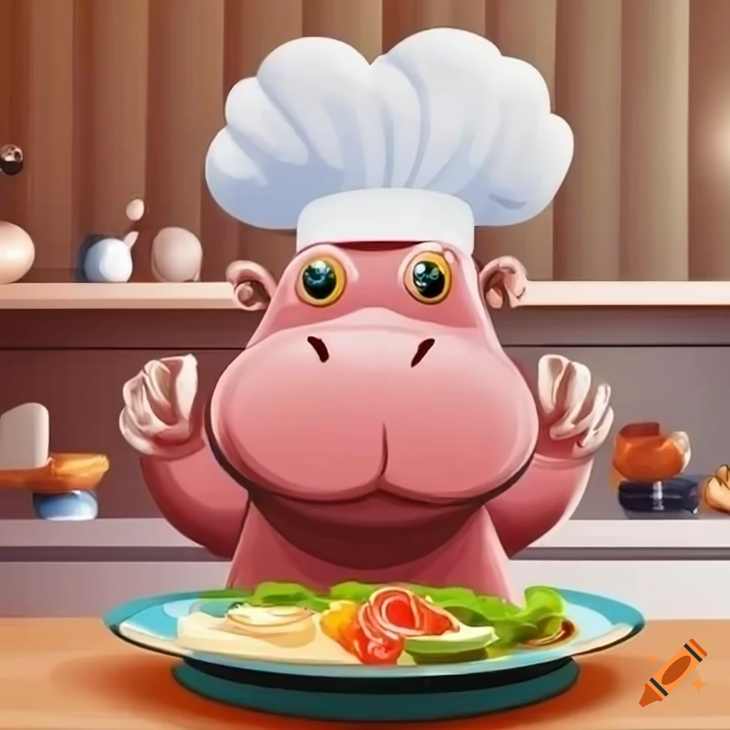 Cartoon hippo chef in a modern kitchen preparing a meal on Craiyon