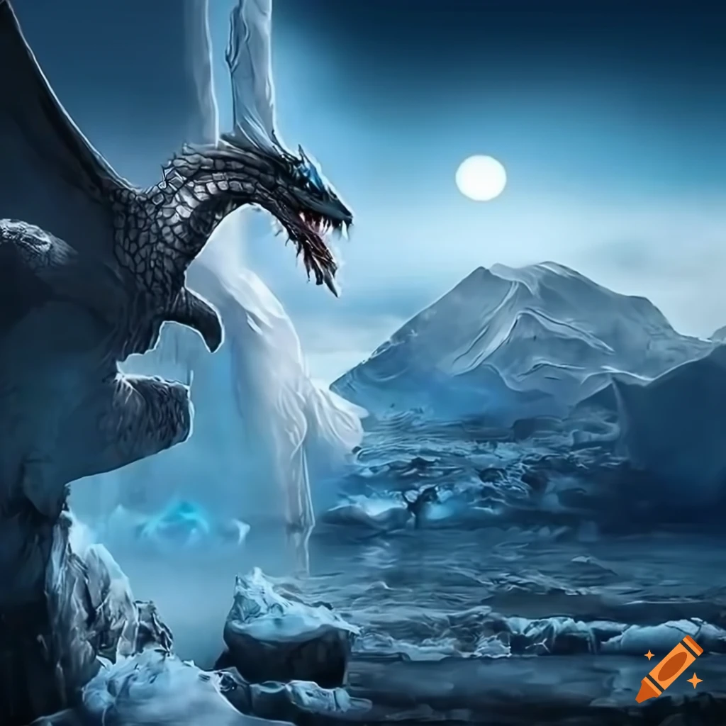 Hyper realistic ice dragon breathing ice over a rocky village with sun shining on Craiyon