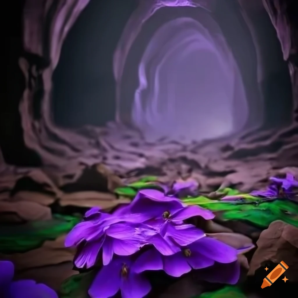Purple flowers blooming in a dark cave in a fantasy setting on Craiyon