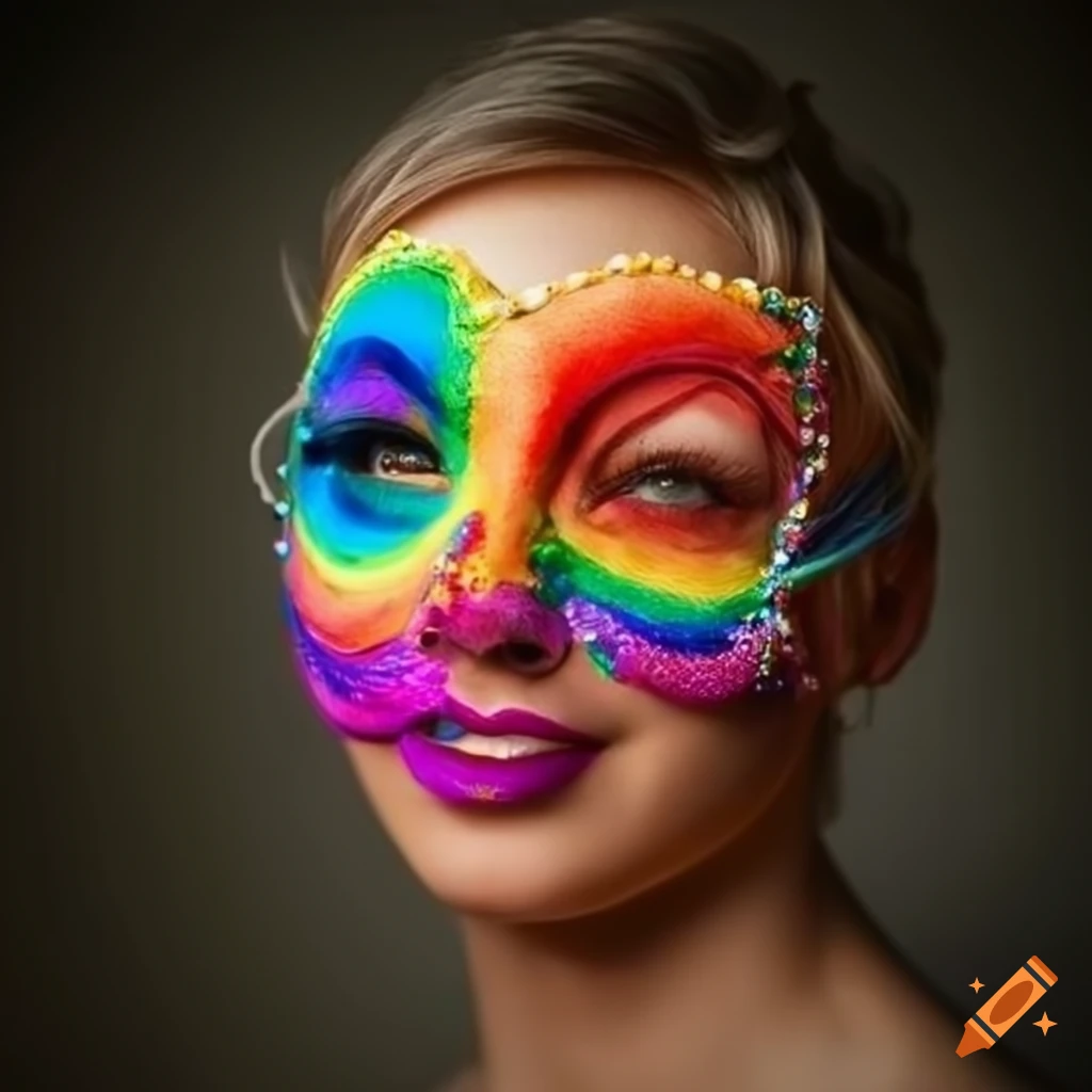 Woman with brightly colored rainbow masquerade ball mask on Craiyon