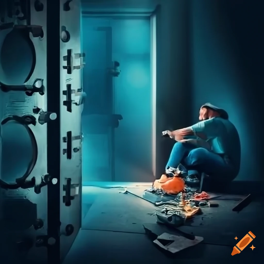 Man contemplating a bank vault break-in with drilling tools on Craiyon