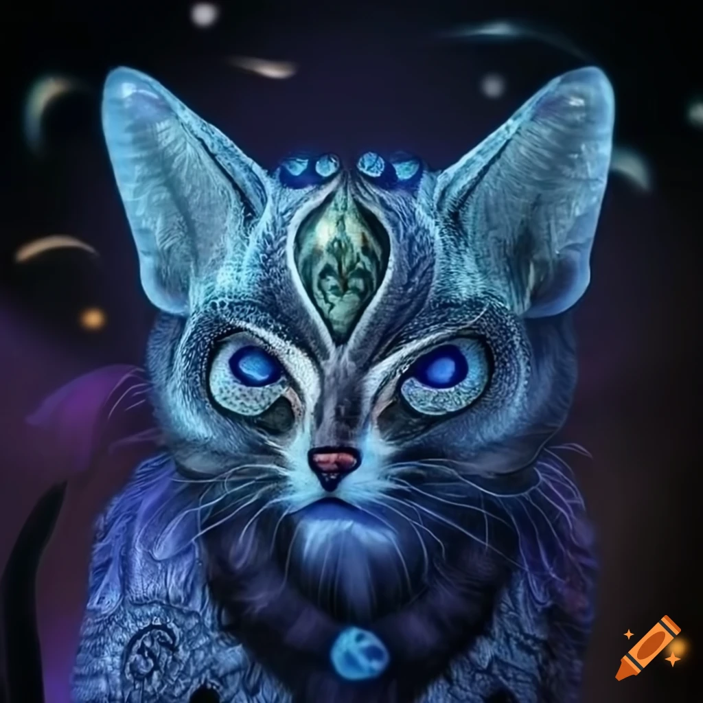 Mythical cat-like creature with sapphire blue scales and dark moth ...