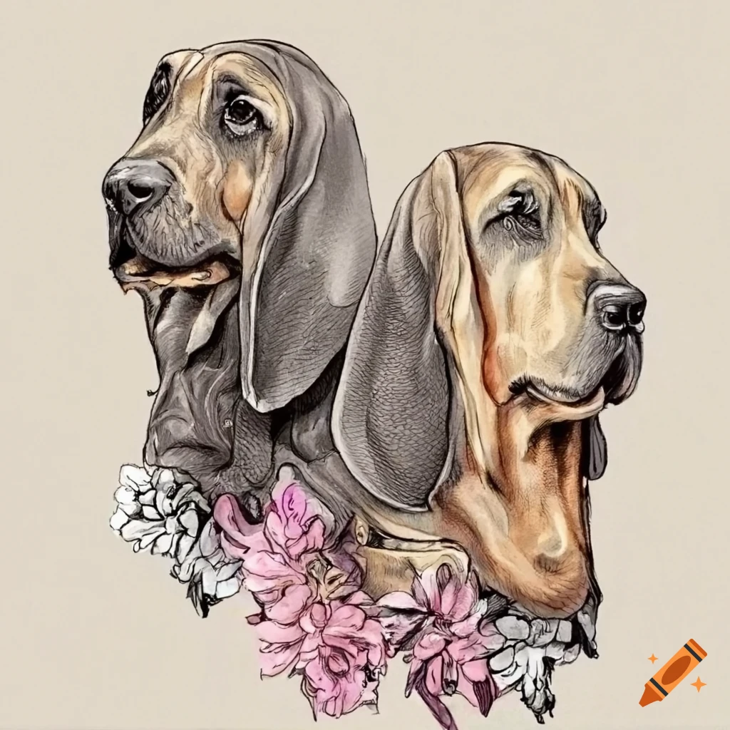 Drawing of two bloodhounds wearing flower crowns on Craiyon