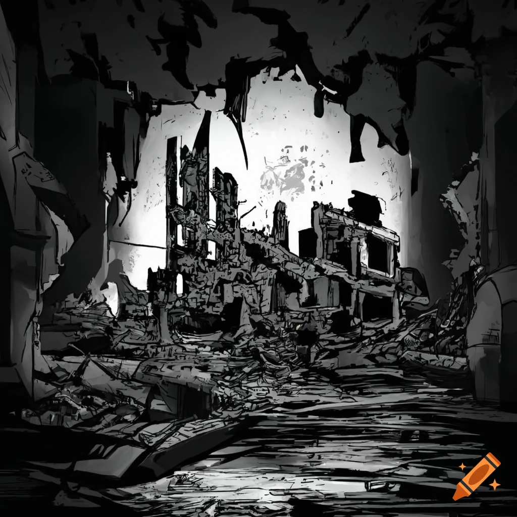 Destroyed city with massive crumbling ruins in a comic book style on ...